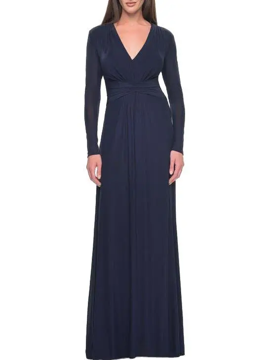 LABOMME Long Sleeve Jersey Evening Gown With Ruching Detail - Navy