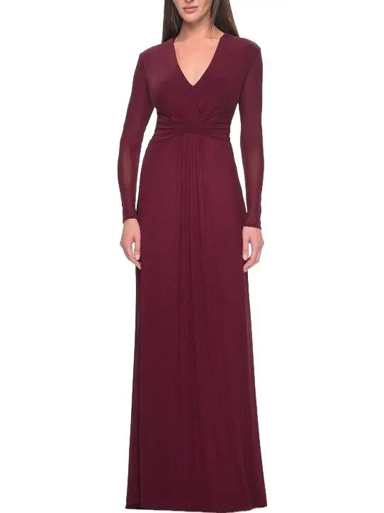 LABOMME Long Sleeve Jersey Evening Gown With Ruching Detail - Wine