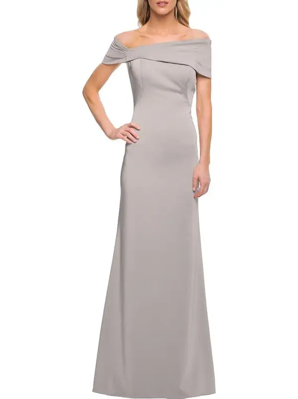 La Femme Off The Shoulder Jersey Gown - Silver