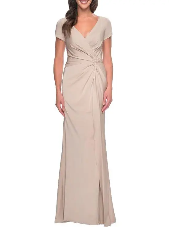 LABOMME Elegant V-neck Knot Evening Gown - Champagne