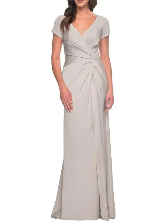 La Femme Elegant V-neck Knot Evening Gown - Silver