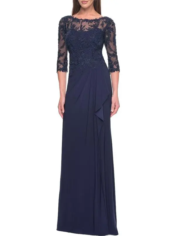 LABOMME Long Evening Gown With Lace Illusion Sleeves - Navy