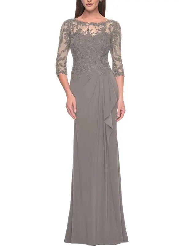 La Femme Long Evening Gown With Lace Illusion Sleeves - Platinum
