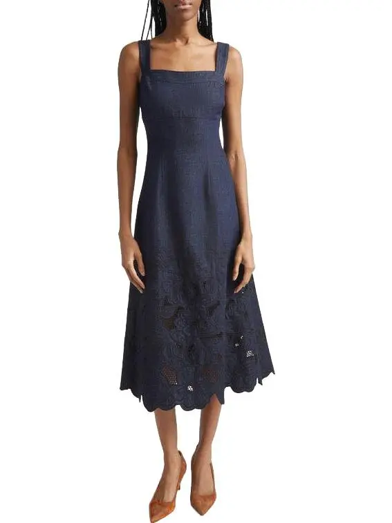 Veronica Beard Rosaura Eyelet Embroidery Denim A-line Dress - Indigo Rinse