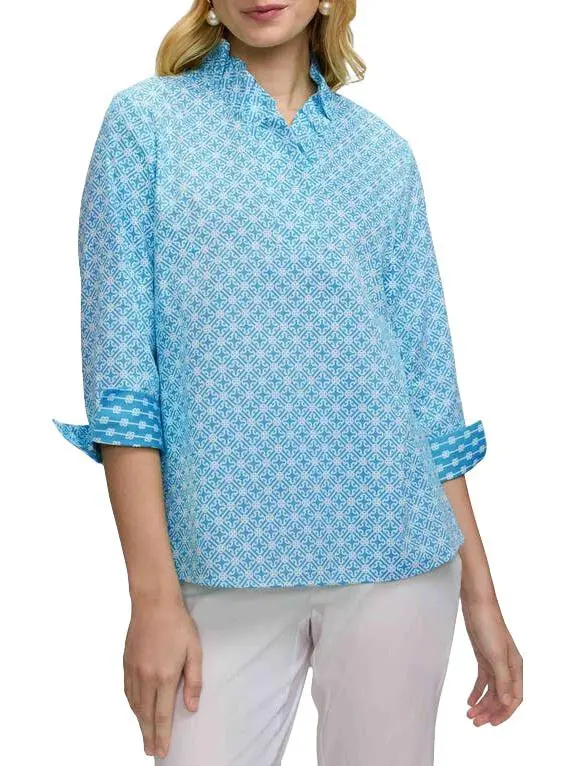 Foxcroft Geo Lattice Print Ruffle Collar Top - Blue/white