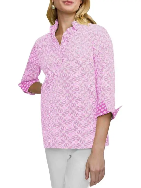Foxcroft Geo Lattice Print Ruffle Collar Top - Pink/white