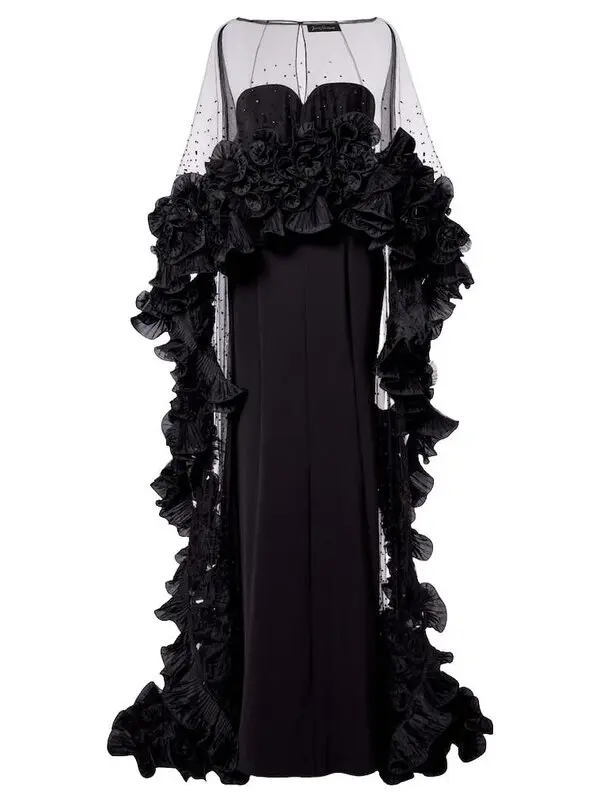 Jenny Packham Ruffled Caped Gown - Black