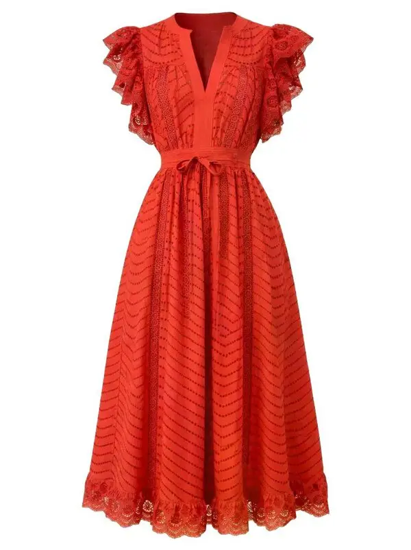 Ulla Johnson Olga Ruffled V-neck Midi Dress - Red