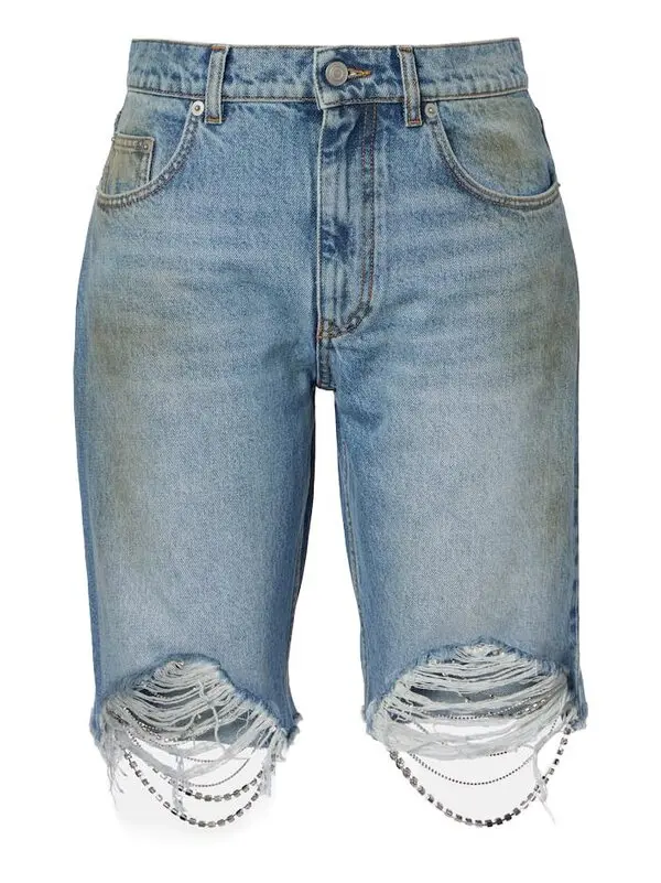 AREA Distressed Embellished Denim Shorts - Blue