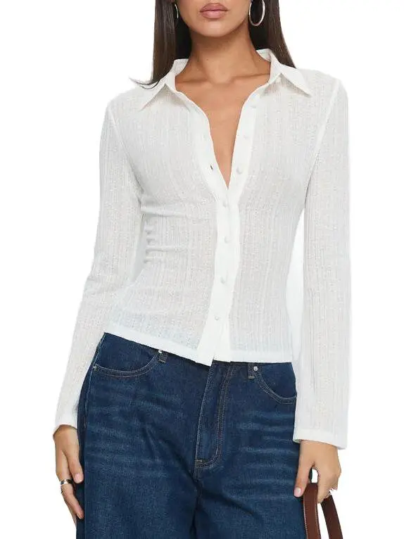 Princess Polly Textured Knit Button-up Top - White