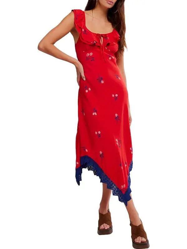 Free People Flock Together Floral Handkerchief Hem Midi Dress - Cherry Combo