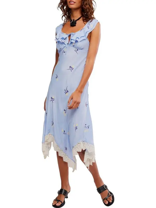 Free People Flock Together Floral Handkerchief Hem Midi Dress - Poplin Blue Combo