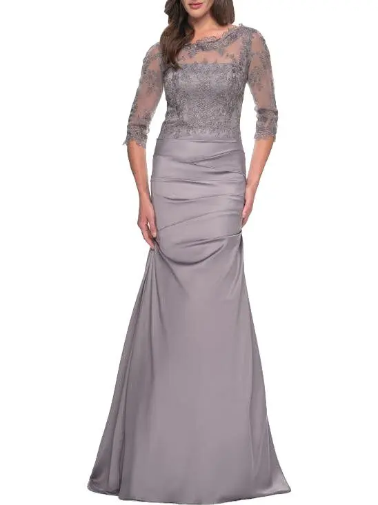 La Femme Satin And Lace Off-the-shoulder Gown - Silver