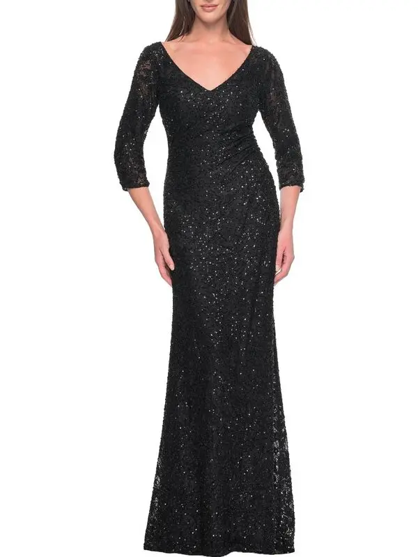 LABOMME Fitted Beaded Lace Evening Gown With Ruching - Black