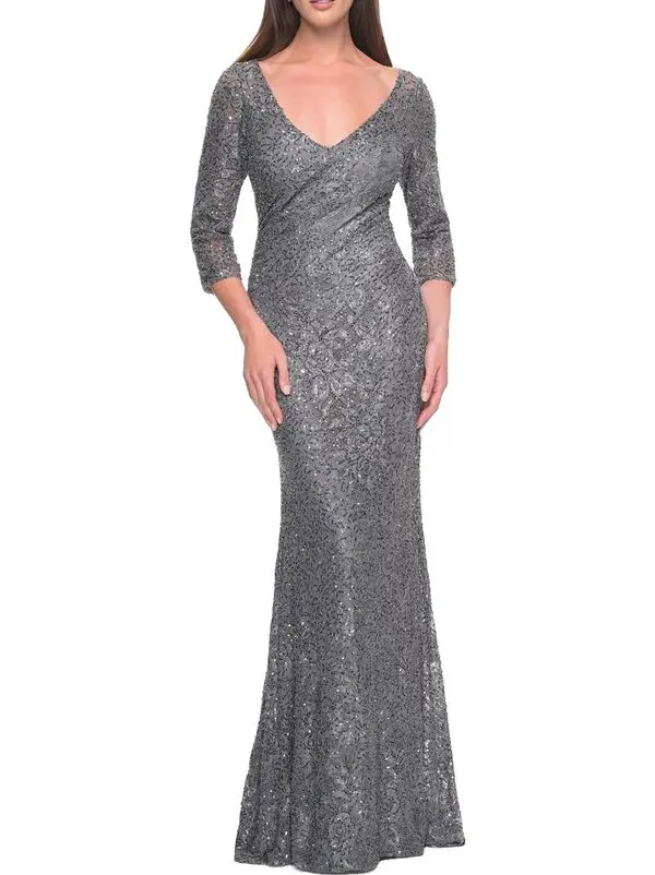 LABOMME Fitted Beaded Lace Evening Gown With Ruching - Gunmetal
