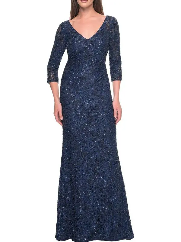 LABOMME Fitted Beaded Lace Evening Gown With Ruching - Navy