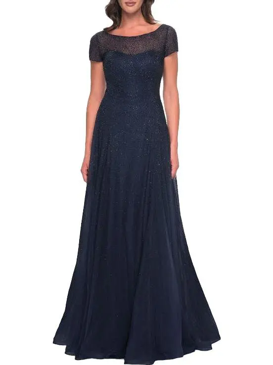 La Femme Beaded A-line Gown With Illusion Neckline And Sleeves - Navy