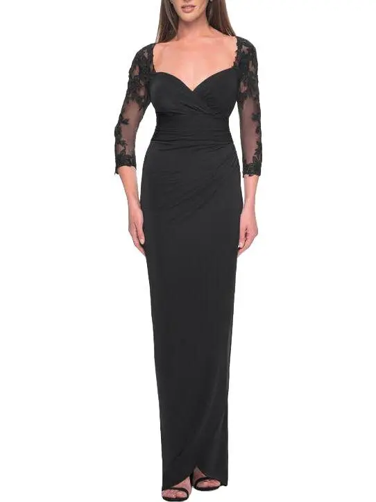 La Femme Long Jersey Evening Dress With Lace Sleeves - Black