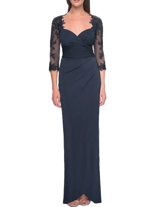 La Femme Long Jersey Evening Dress With Lace Sleeves - Navy
