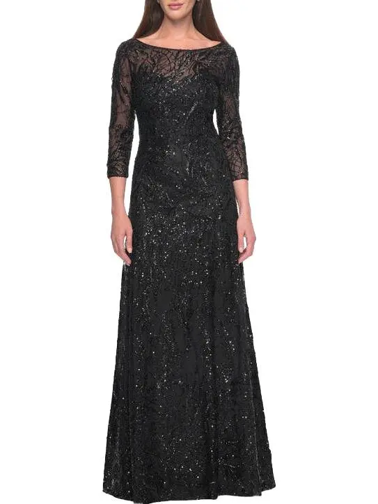 La Femme Beaded Long Dress With Illusion Sleeves - Black