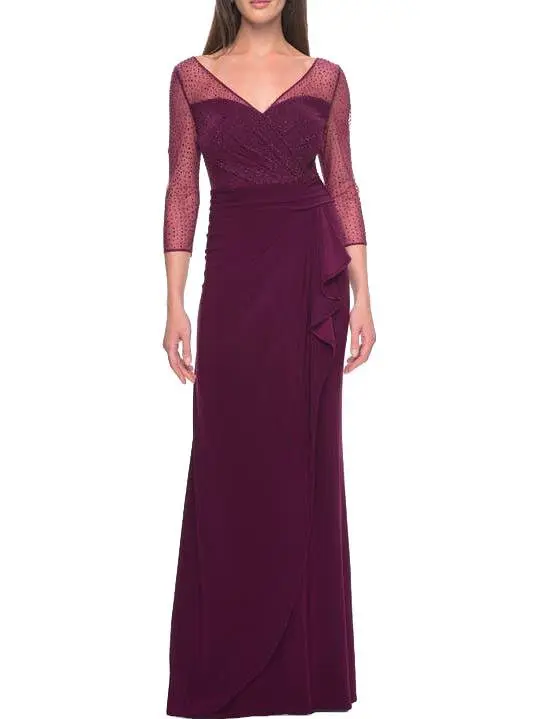 LABOMME Evening Gown With Illusion Sleeves - Dark Berry