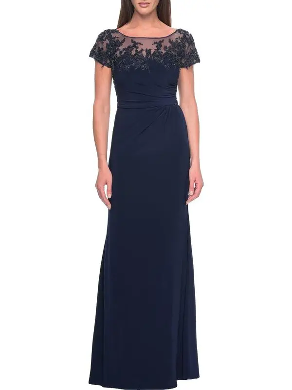 LABOMME Jersey And Lace Evening Dress - Navy