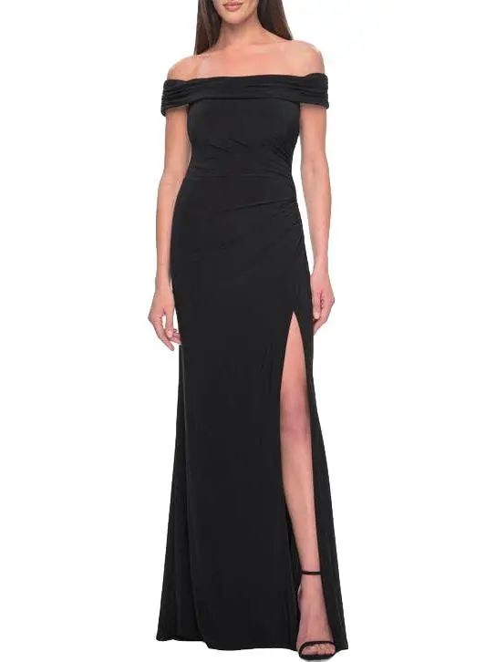 LABOMME Off-the-shoulder Jersey Dress With Ruching And Slit - Black