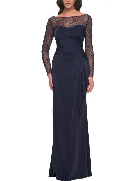 LABOMME Long Evening Dress With Ruching And Rhinestone Illusion Top - Navy