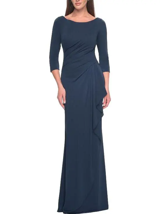 La Femme Long Evening Gown With Ruffle Detail - Navy