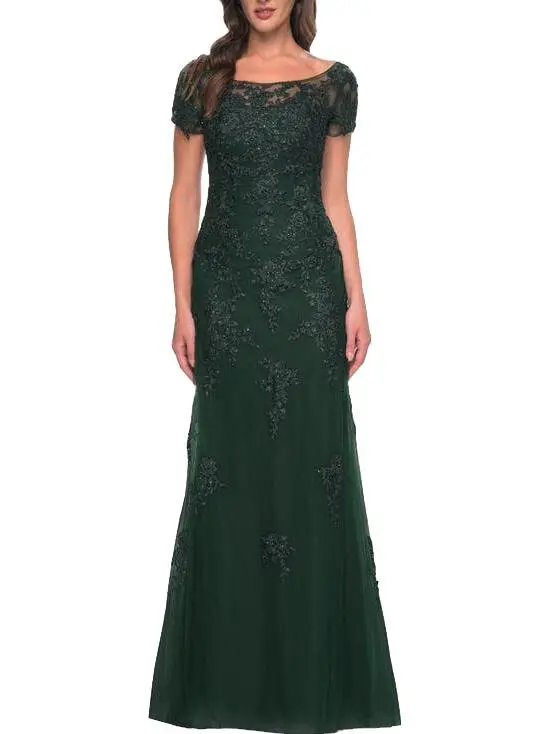 La Femme Lace And Net Fitted Long Gown - Dark Emerald