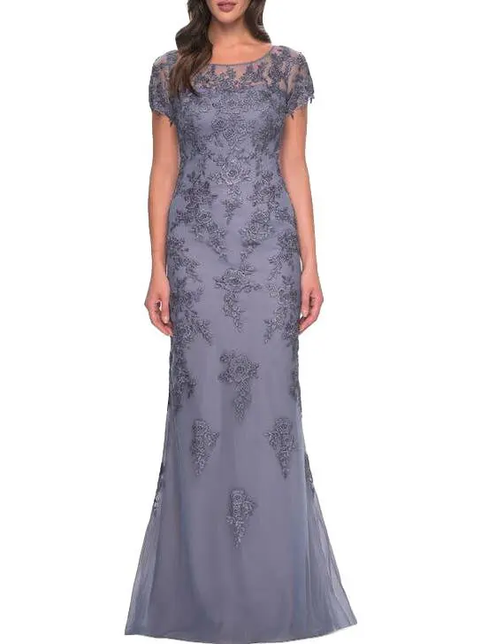 LABOMME Lace And Net Fitted Long Gown - Dusty Purple