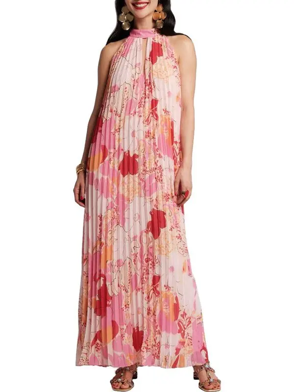 FRANCES VALENTINE Slim Pleated Maxi Dress - Pink/multi