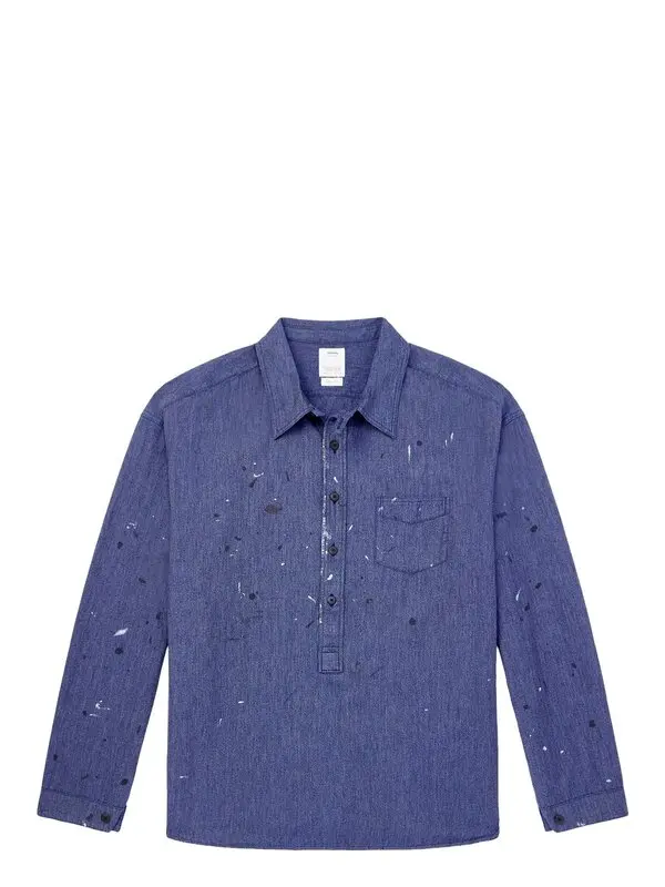 Visvim Paint-splattered Cotton And Silk-blend Chambray Shirt - Blue