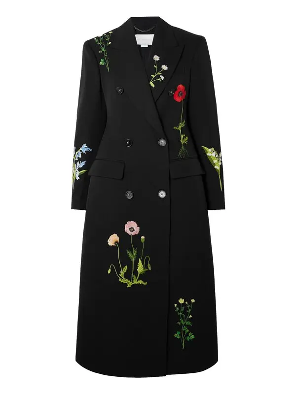 Stella McCartney Double-breasted Embroidered Wool-twill Coat - Black
