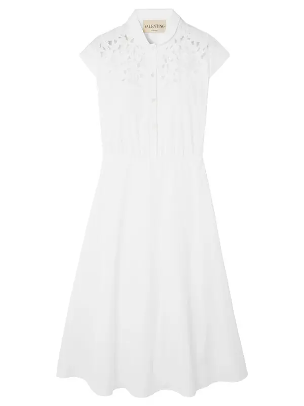 Valentino Garavani Broderie Anglaise-trimmed Cotton-poplin Midi Dress - White