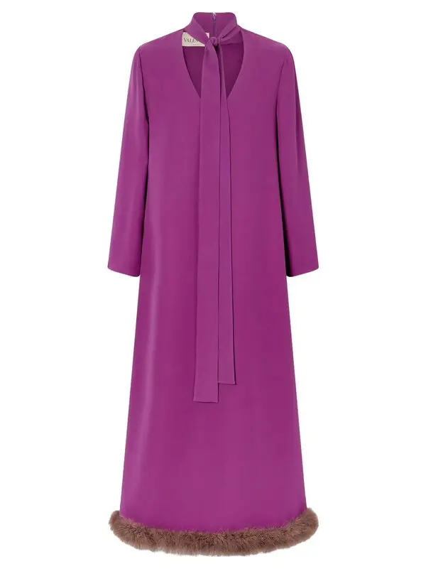 Valentino Garavani Tie-detailed Feather-trimmed Cady Midi Dress - Purple