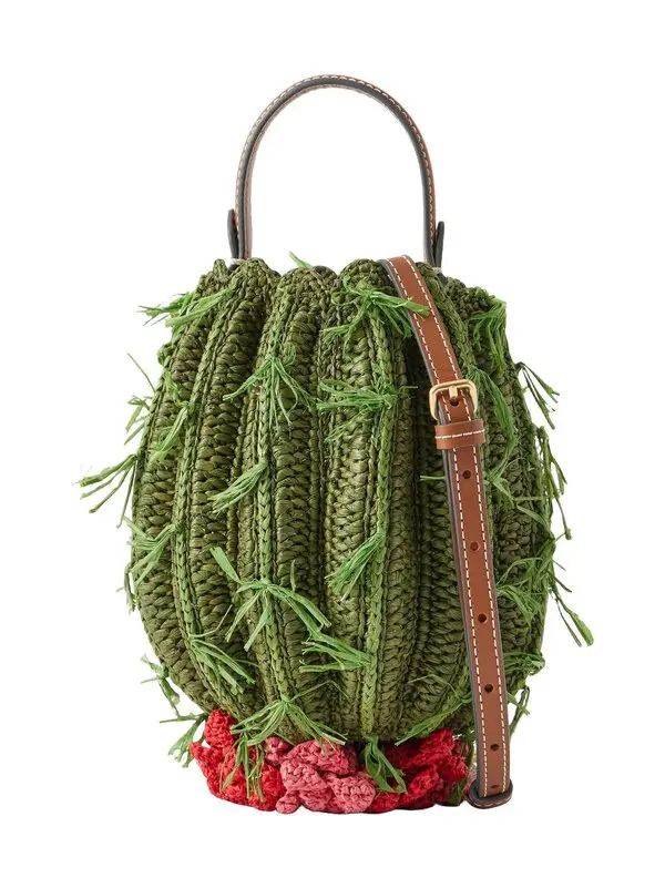 ANYA HINDMARCH Cactus Leather-trimmed Raffia Bucket Bag - Green
