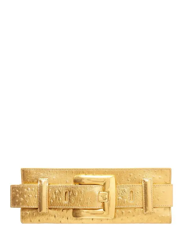 Balmain Anthem Buckled Ostrich-effect Metallic Leather Clutch - Gold
