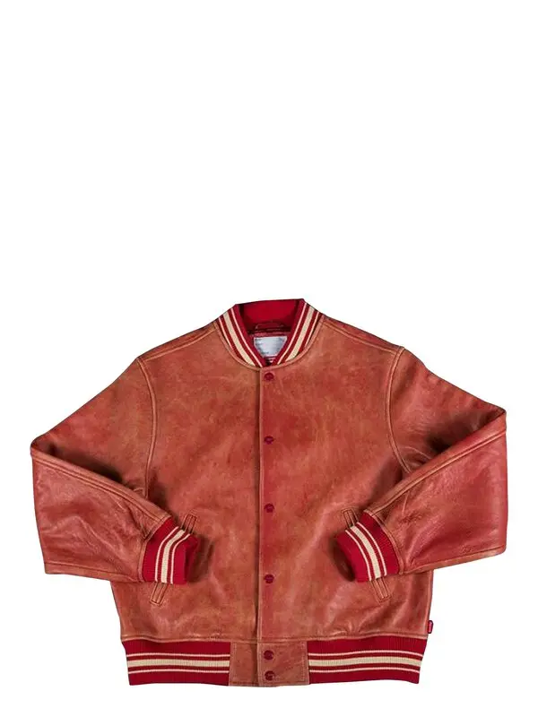 Supreme Painted Leather Varsity Jacket - Red