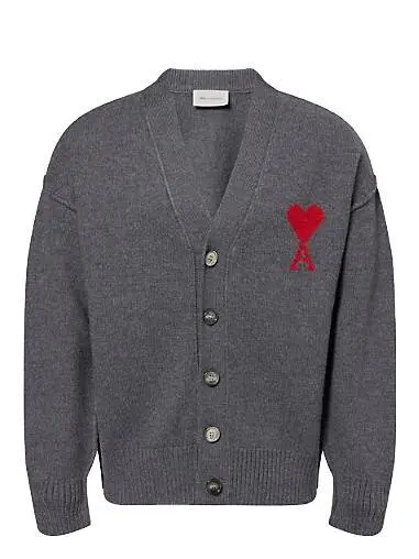 Ami Heart Knitted Wool Cardigan - Gris Chine / Rouge