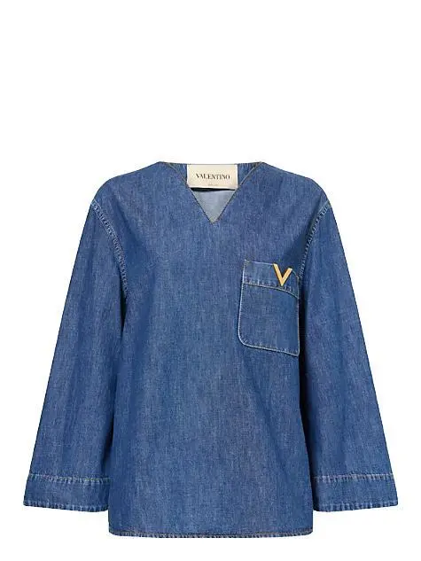 Valentino Garavani V-neck Long-sleeve Denim Shirt - Medium Blue Denim