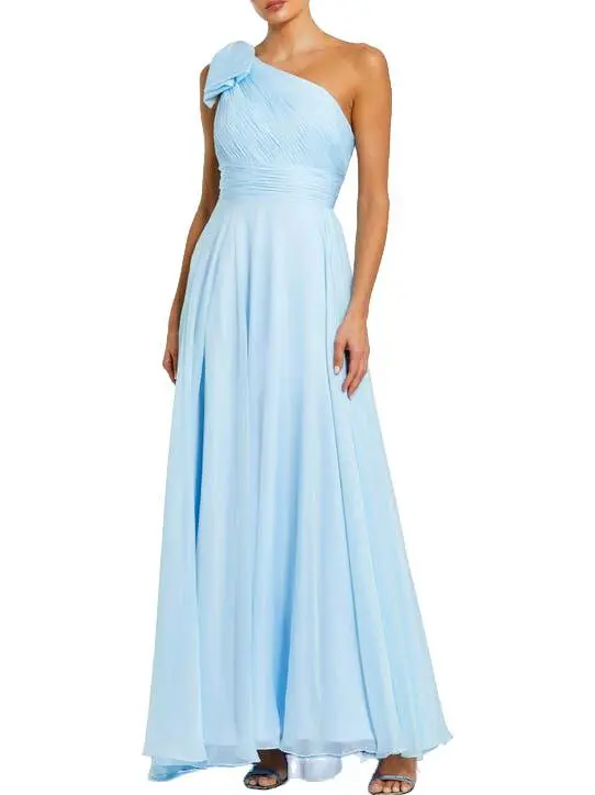 Mac Duggal Pleated One-shoulder Gown - Sky Blue