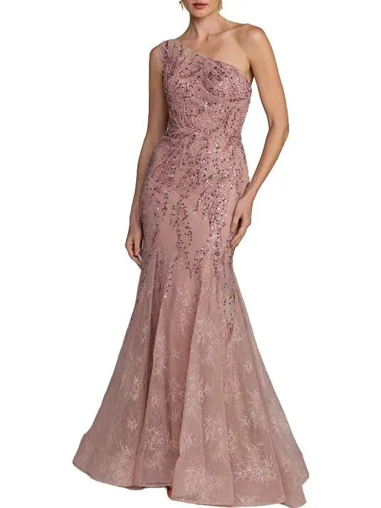 Mac Duggal Embellished Lace One-shoulder Gown - Rose