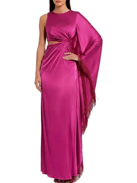 Mac Duggal Charmeuse Kaftan Sleeve Asymmetrical Fringe Gown - Magenta