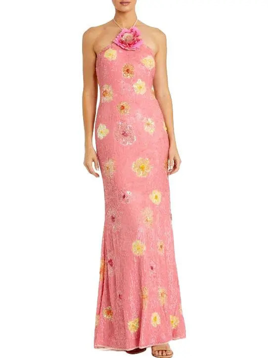 Mac Duggal Halter Neck Floral Embellished Mesh Gown - Pink Lemonade