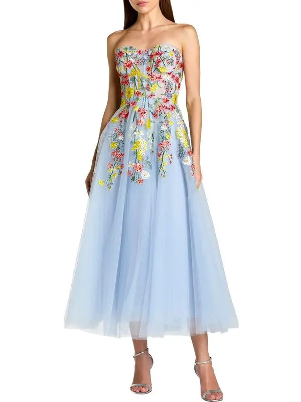 Mac Duggal Floral Embroidered A-line Midi Dress - Periwinkle Multi