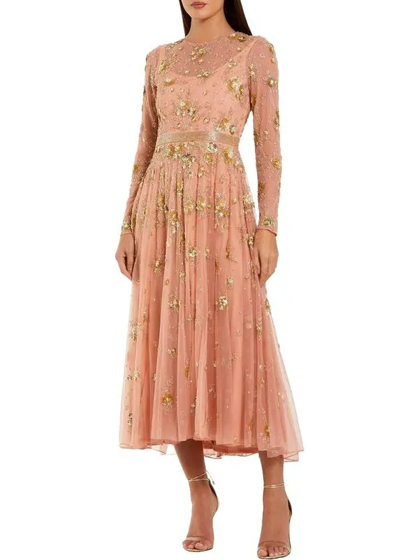 Mac Duggal Beaded Long Sleeve A-line Midi Dress - Peach