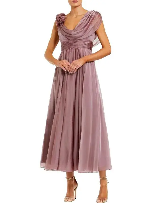 Mac Duggal Chiffon Cowl Neck Midi Dress - Antique Rose