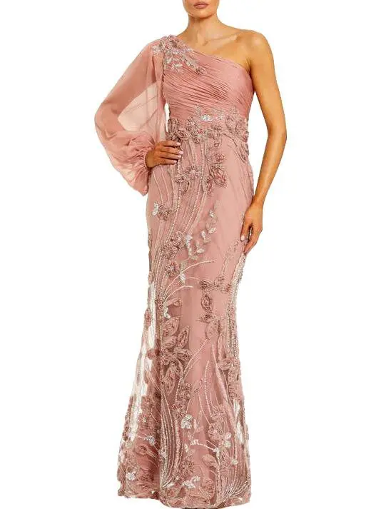 Mac Duggal Chiffon One-shoulder Gown With Embroidered Skirt - Mocha