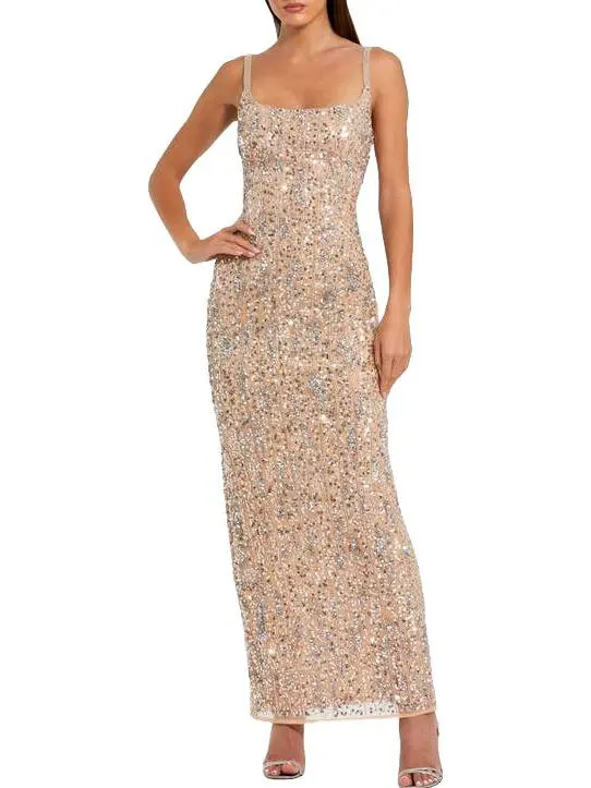 Mac Duggal Sequin Embellished Square Neck Column Gown - Nude Silver